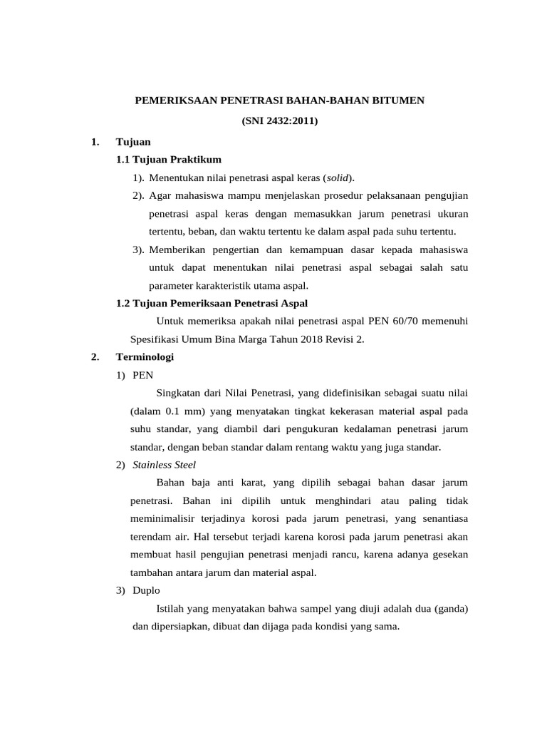 Uji Penetrasi Aspal PEN 60/70 SNI 2432:2011 | PDF