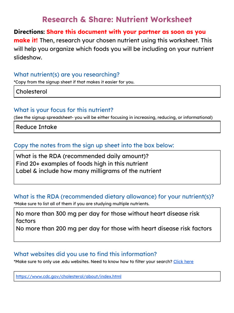 Research & Share - Nutrient Worksheet | PDF | Nutrients | Foods