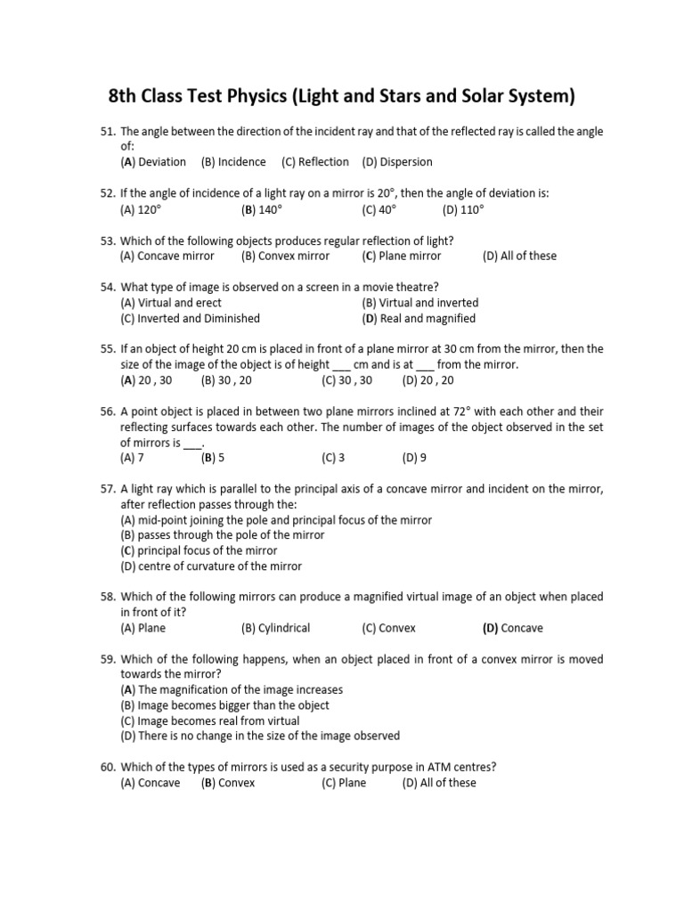 Class 8 Physics Test (Light and Stars and Solar System) | PDF | Mirror ...