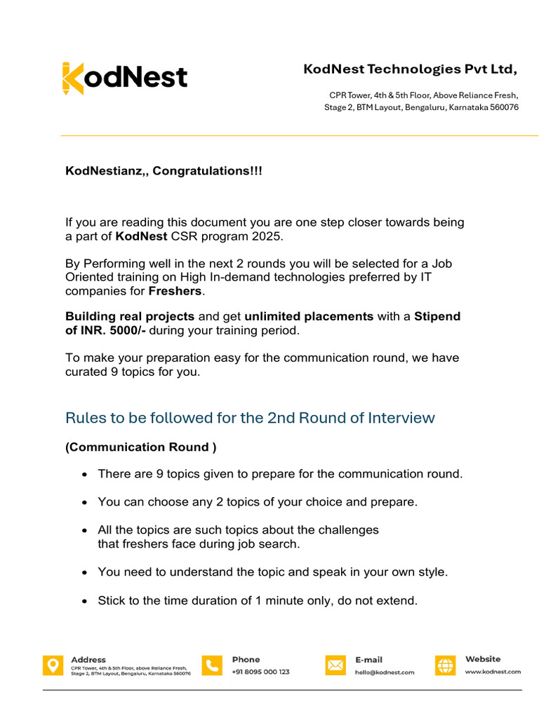 KodNestCSR2025 JAMRoundPrepMaterial | PDF | Internship | Job Hunting
