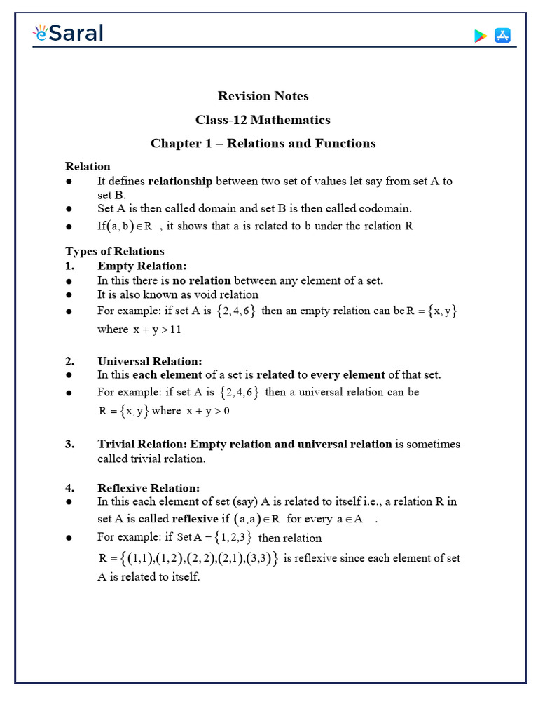 Class 12 Maths Revision Notes Chapter 1 Relations and Functions | PDF ...
