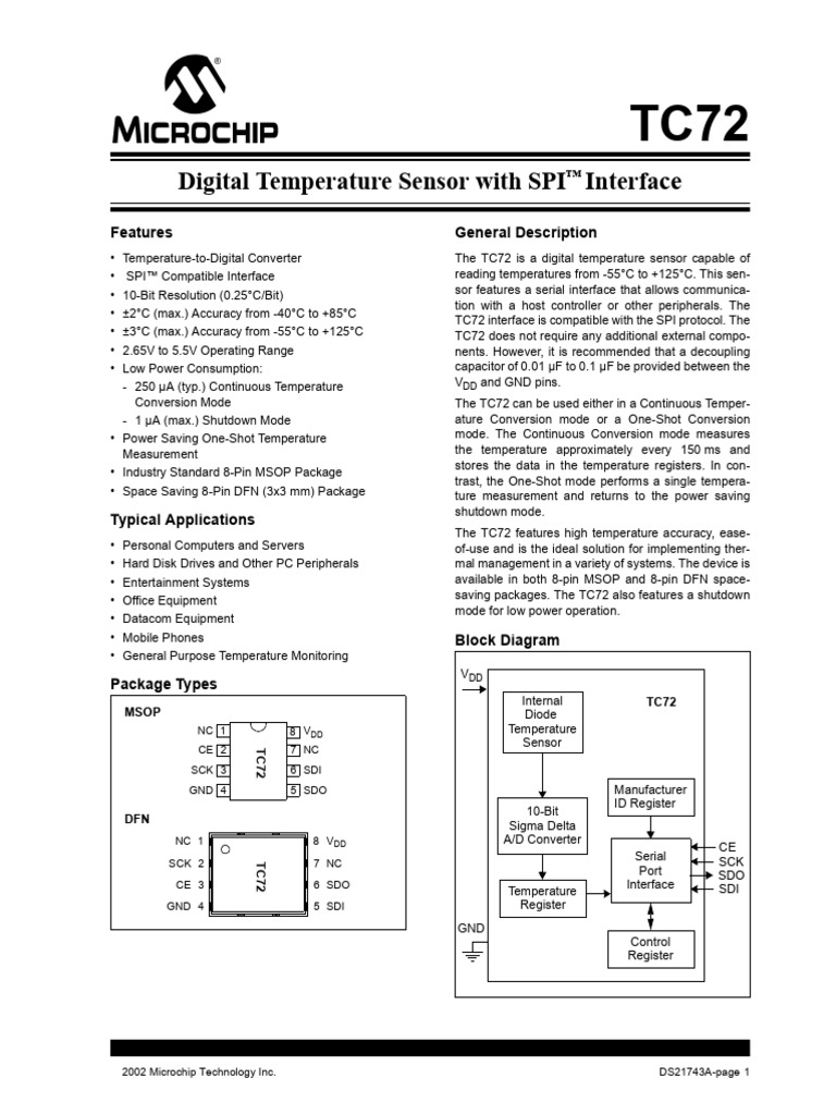 Digital Temperature Sensor With SPI Interfa: Features General ...