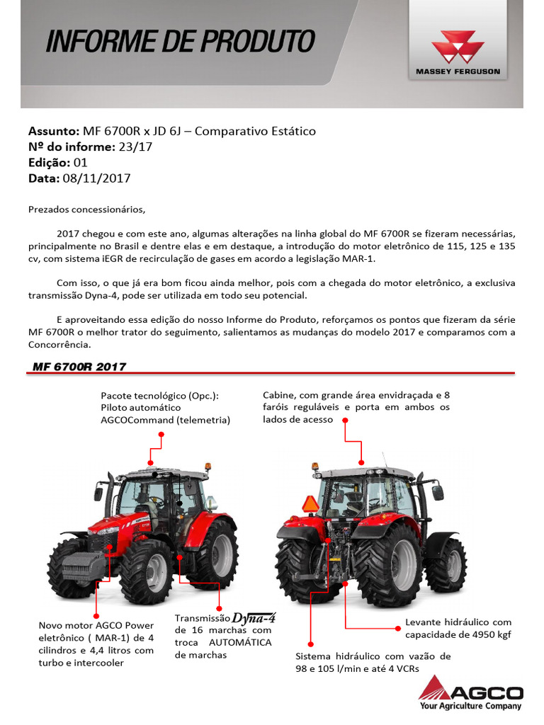 Comparativo MF 6700R e JD 6J 2017 | PDF | Motores | Carro