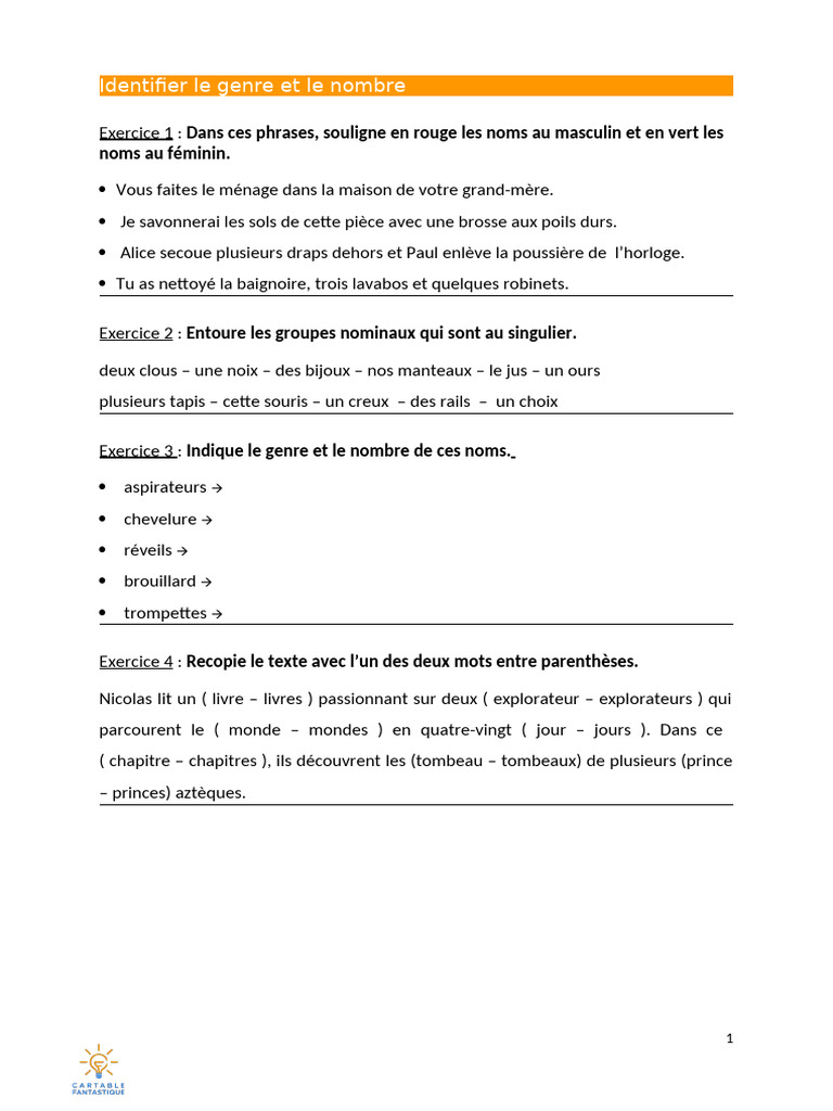 Identifier le genre et le nombre pour la classe Ce2 | PDF