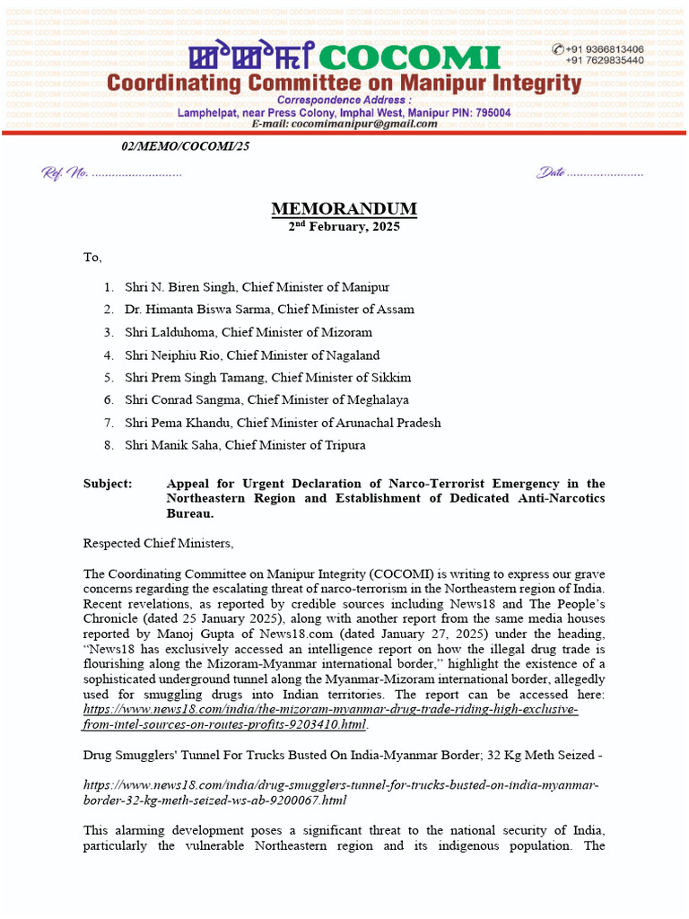 Coordinating Committee On Manipur Integrity Memorandum | PDF | Illegal ...