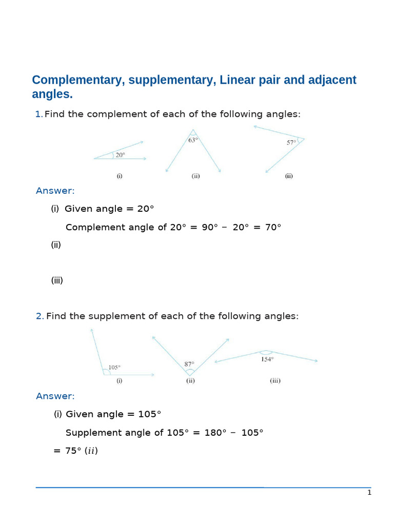 Complementary angles Supplementary -2 C.W and H.W | PDF | Angle ...