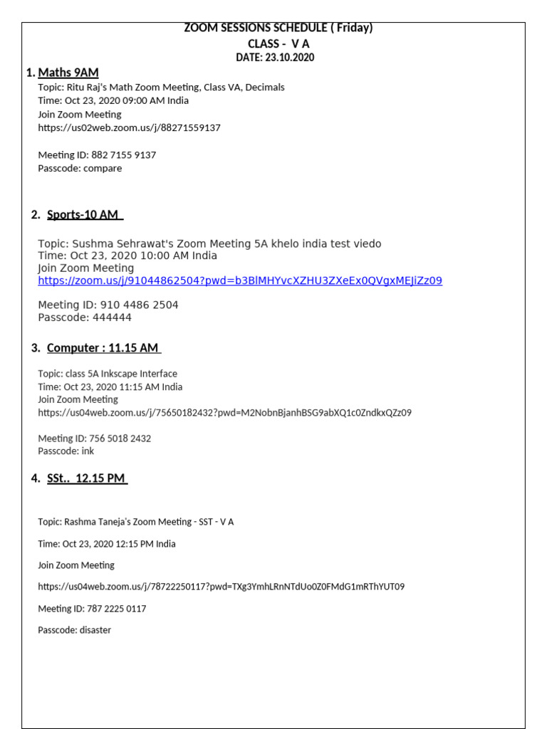 VA Class Zoom Schedule - Oct 23, 2020 | PDF