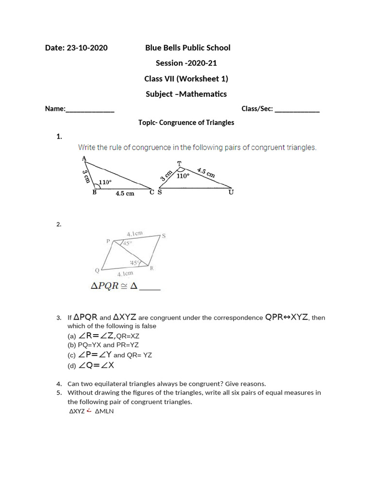 Congruence WS1 Class 7 23102020 | PDF