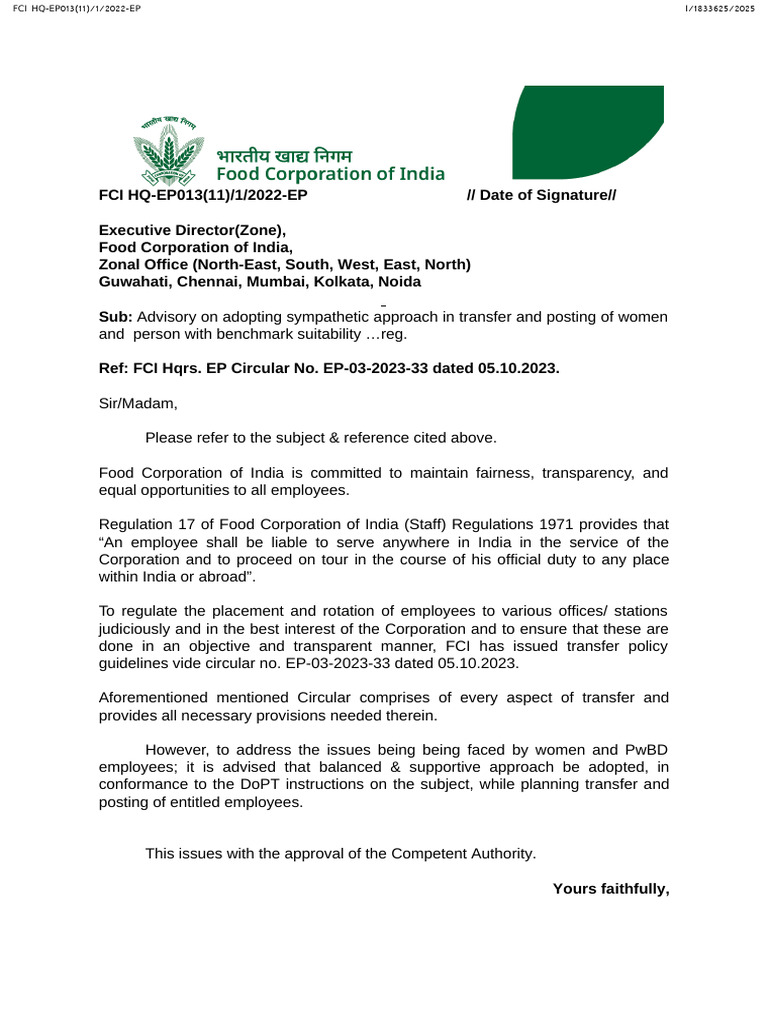 FCI Transfer Policy for Women and PwBD | PDF | Governance | Government
