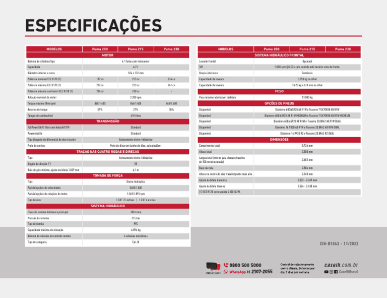 Case Folheto Trator Puma 200 A 230 | PDF | Eixo | Veículo motorizado