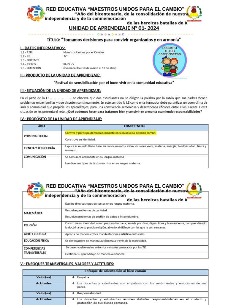 UNIDAD DE APRENDIZAJE N° 01-2024 final | PDF | Experiencia | Comunicación no verbal