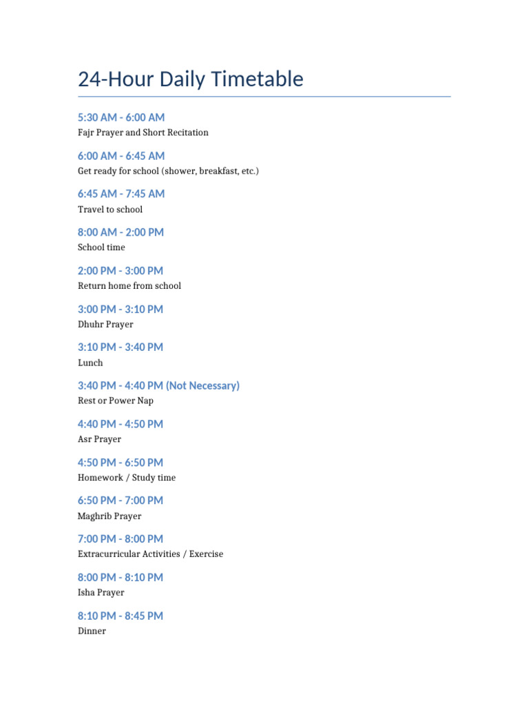 24 Hour Daily Timetable | PDF
