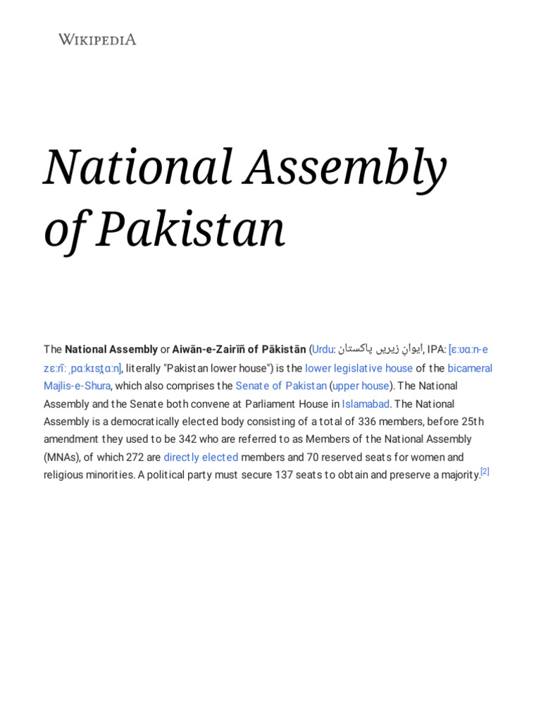 National Assembly of Pakistan - Wikipedia 1 | PDF | Parliament Of ...