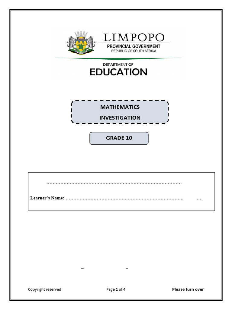Grade 10 Maths Investigation Jan 2020 Capricorn District Memo | PDF ...