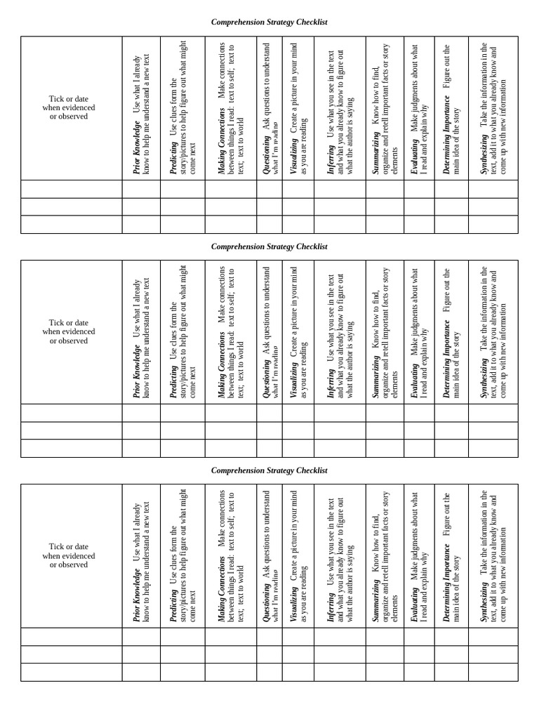 comprehension_strategy_checklist | PDF | Reading Comprehension | Cognition