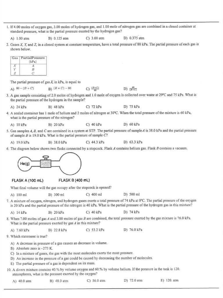Daltons Law of Partial Pressure and Grahams Law of Effusion MCQ ...