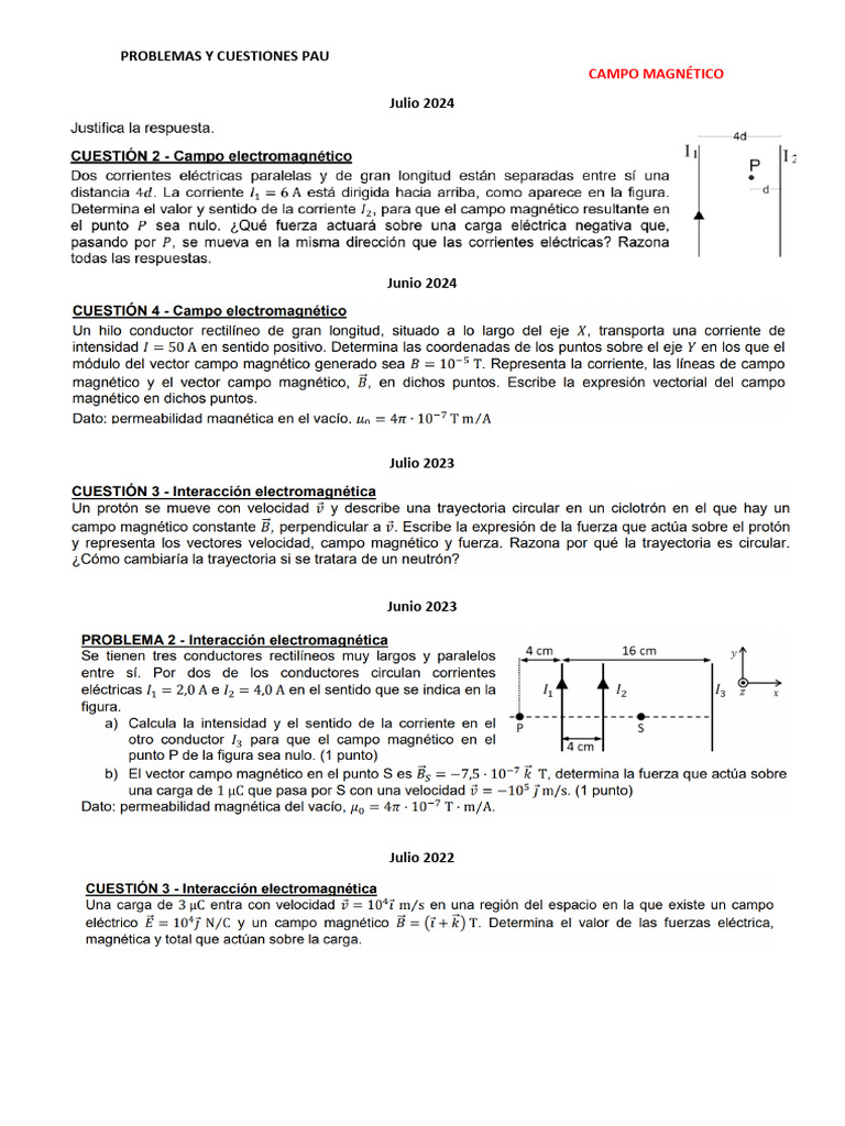 PAU CAMPO MAGNÉTICO Cuestiones y problemas Física_2º_Bachillerato | PDF