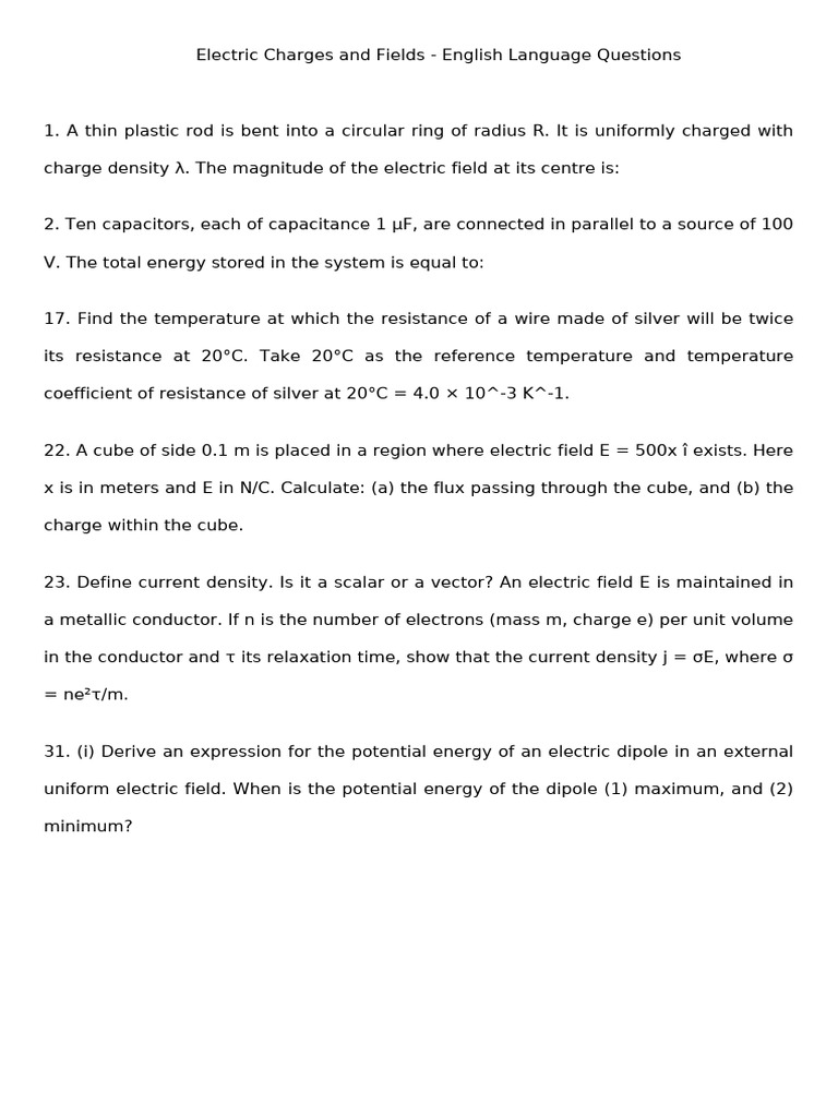 Electric Charges and Fields Questions | PDF