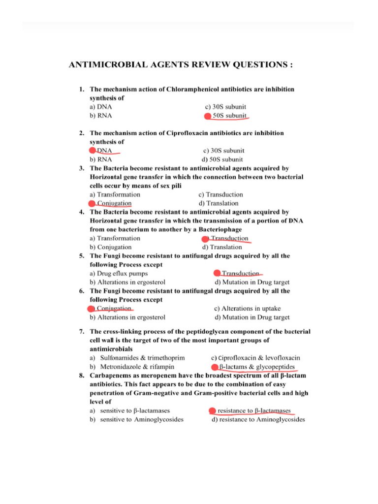 Antimicrobial Agents Review Questions (The Answer) | PDF
