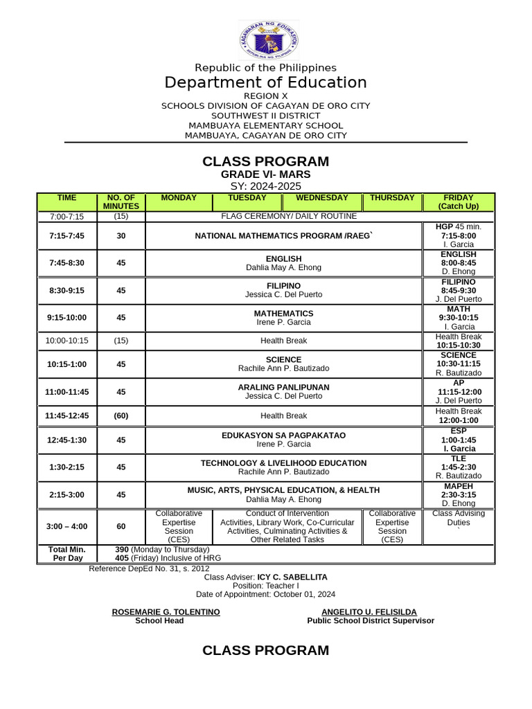 2024-2025 Class Program - Grade 6-1 | PDF | Philippines