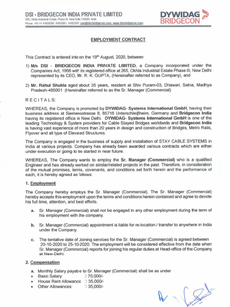 Employment Contract Rahul Shukla 20.08.2020 | PDF