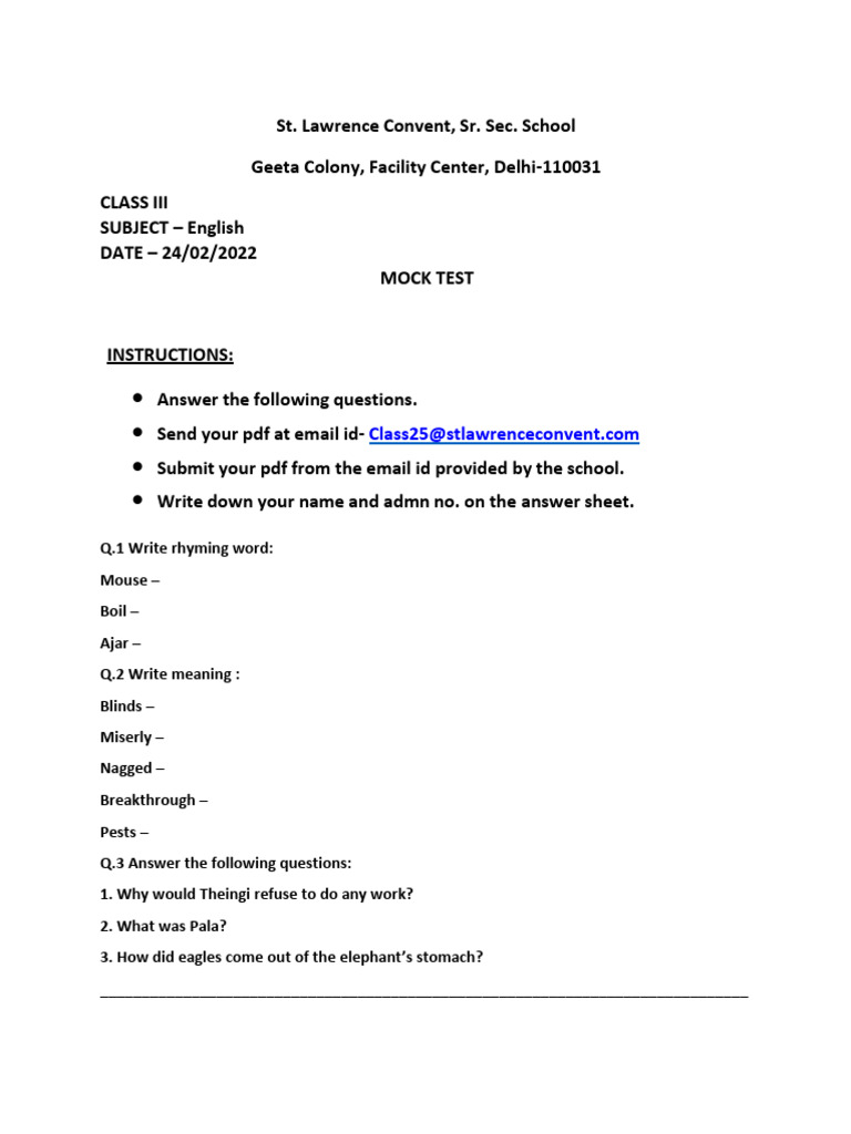 Class III English Mock Test | PDF