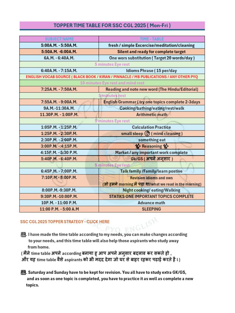 SSC CGL 25 Study Time Table | PDF