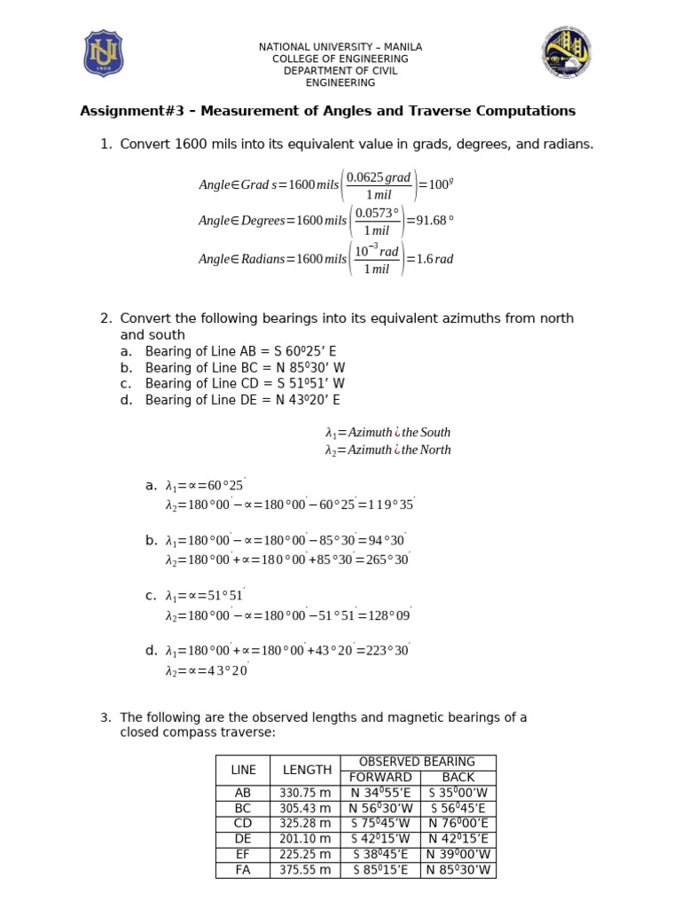 HW#3 - Measurement of Angles and Traverse Computations | PDF | Units Of Measurement | Rotation