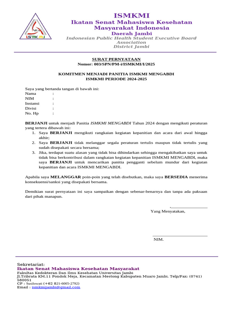 Surat Komitmen Panitia ISMKMI MENGABDI | PDF
