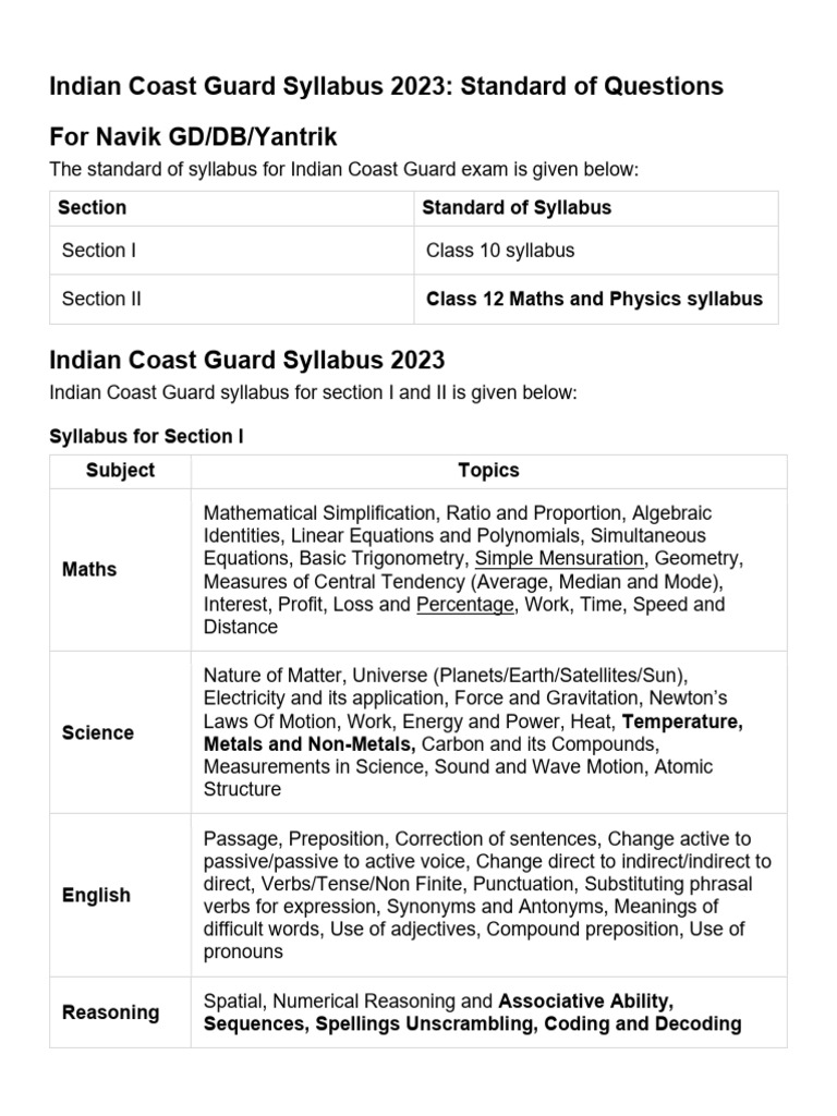 Indian Coast Guard Exam Syllabus | PDF | Equations | Engineering