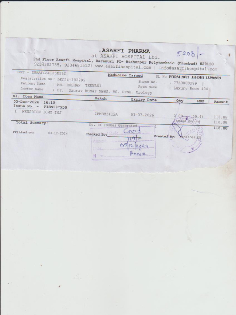 Pharmacy Bill (Asarfi Hospital) | PDF