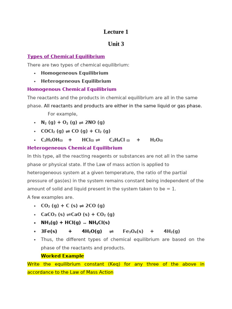 CHM 101 Lecture 1 Unit 3 and 4 | PDF | Chemical Equilibrium | Physical Chemistry