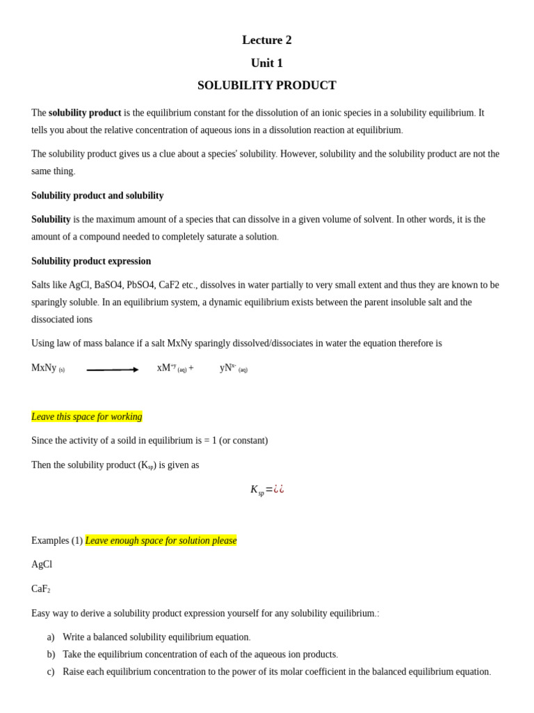 CHM 101 Lecture 2 Unit 1 and 2 | PDF | Solubility | Chemical Equilibrium