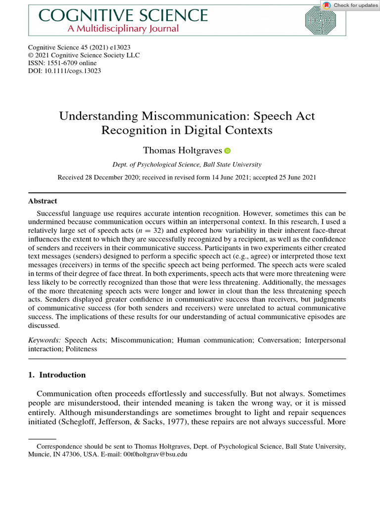 Cognitive Science - 2021 - Holtgraves - Understanding Miscommunication Speech Act Recognition in ...