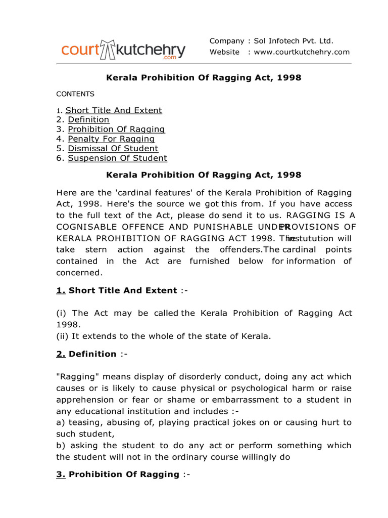 Kerala Prohibition of Ragging Act, 1998 | PDF | Misconduct | Crimes