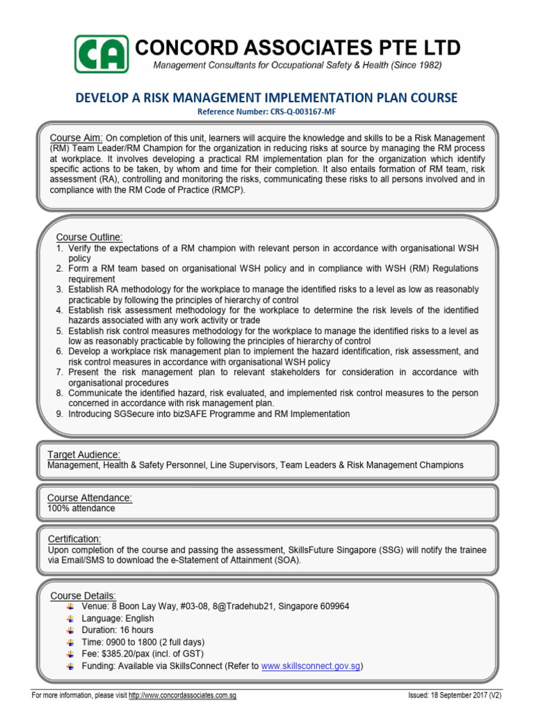 WSQ Develop A Risk Management Implementation Plan - bizSAFE Level 2 Ver ...