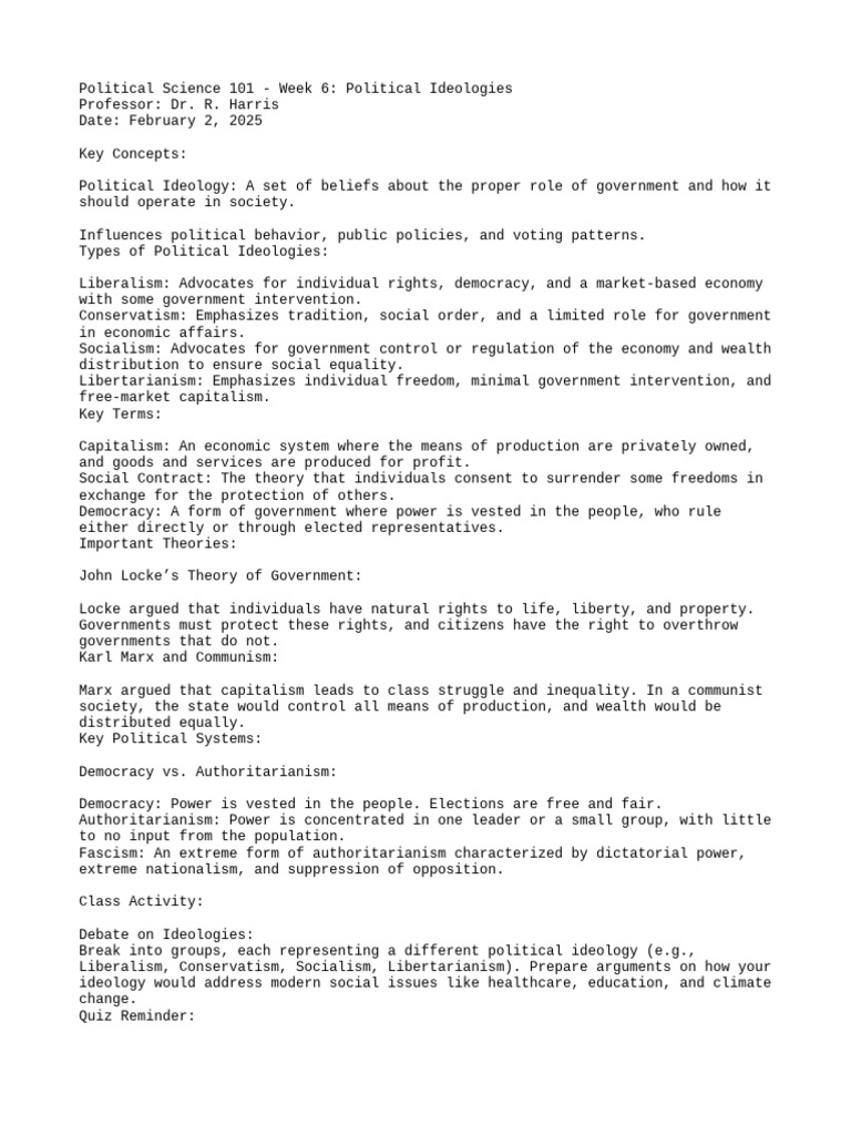 Political Science 101 - Week 6 Poli | PDF | Socialism | Ideologies