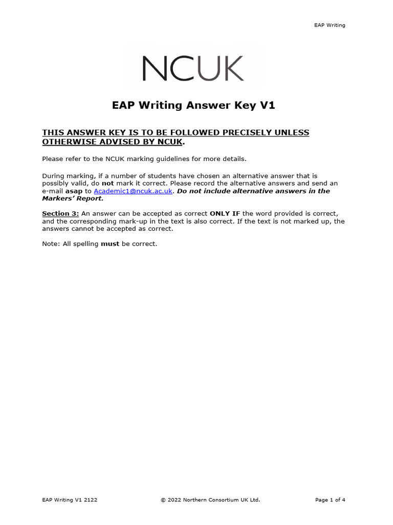 EAP Writing Exam Answer Key V1 2122 | PDF