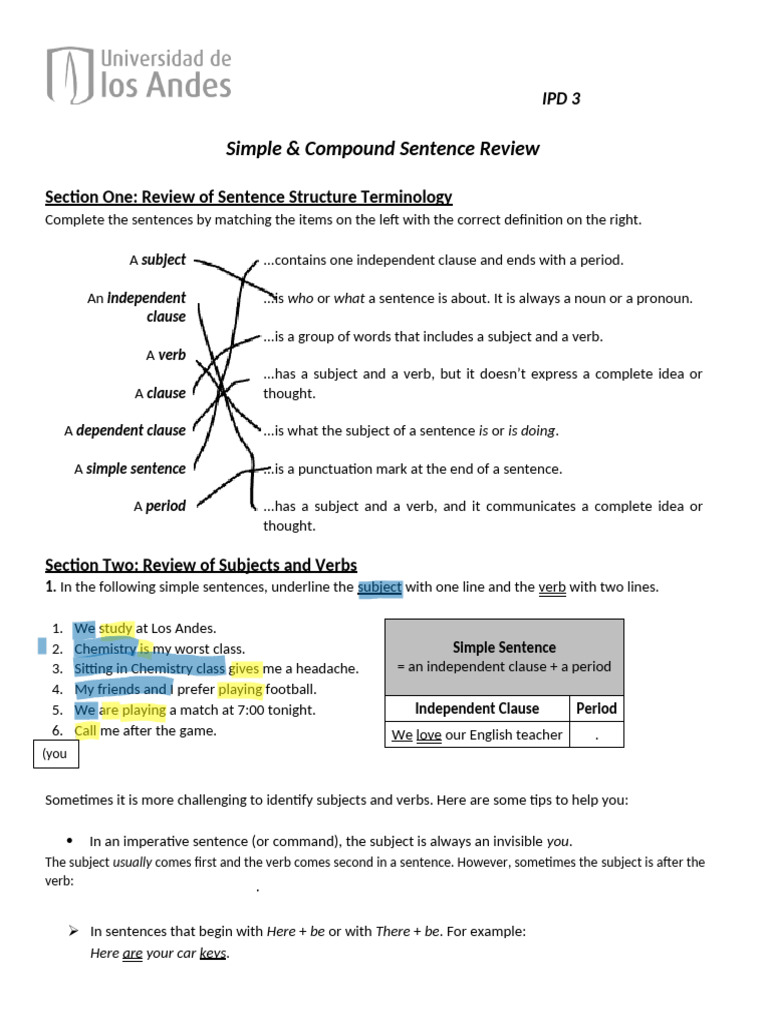 Simple & Compound Sentence Review | PDF | Subject (Grammar) | Sentence ...