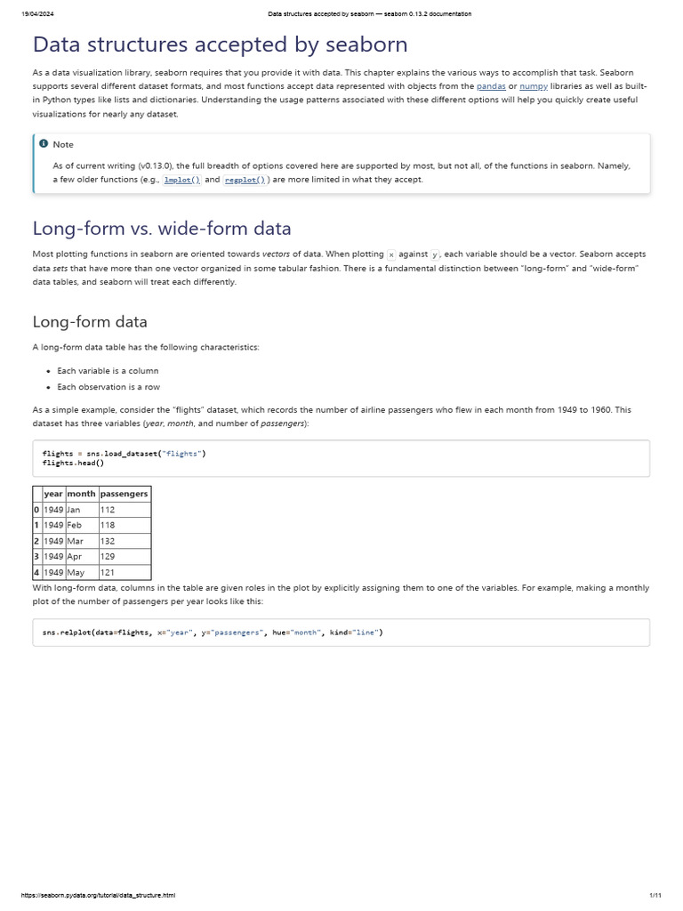 Data Structures Accepted by Seaborn - Seaborn 0.13.2 Documentation | PDF | Variable (Computer ...