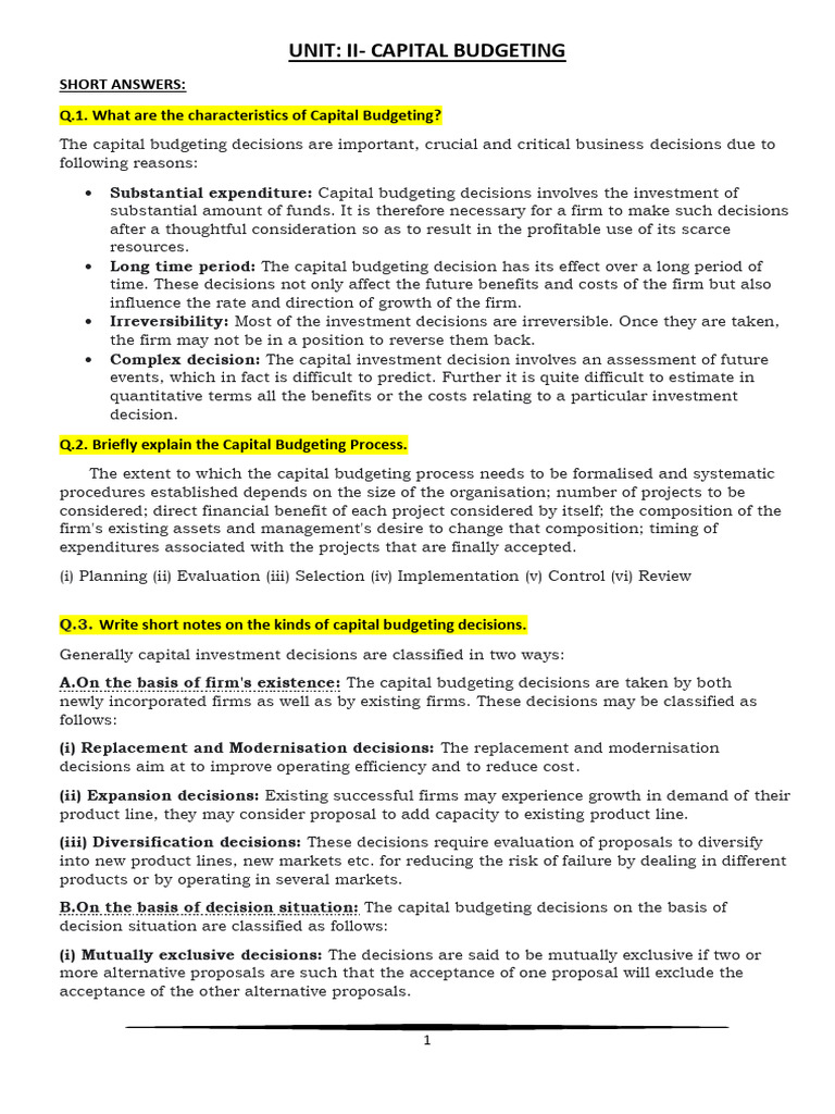 Unit Ii Capital Budgeting Pdf Net Present Value Internal Rate Of