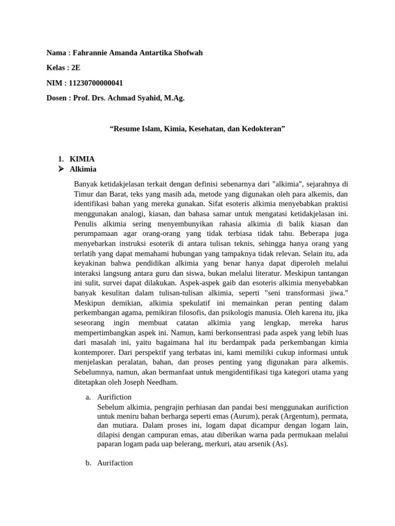 Resume Islam Kimia, Kesehatan, Kedokteran | PDF