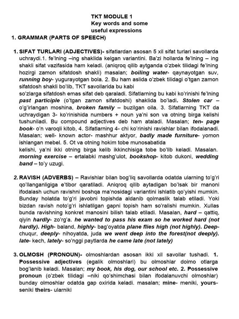 TKT 1-2-3 Module Key Words New | PDF | Verb | Linguistics