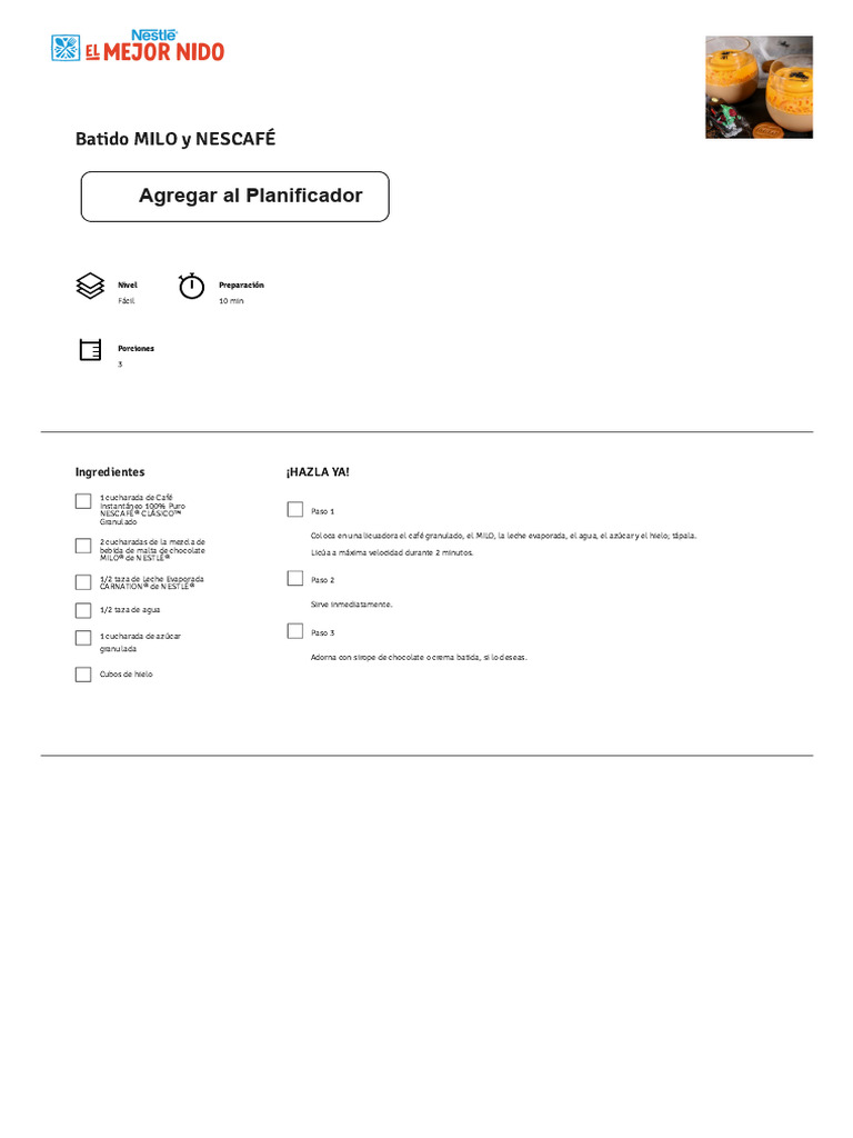 Batido MILO y NESCAFÉ - El Mejor Nido | PDF