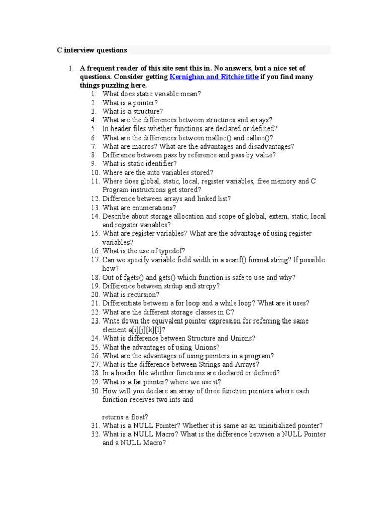 C Interview Questions Pdf Pointer Computer Programming C Programming Language