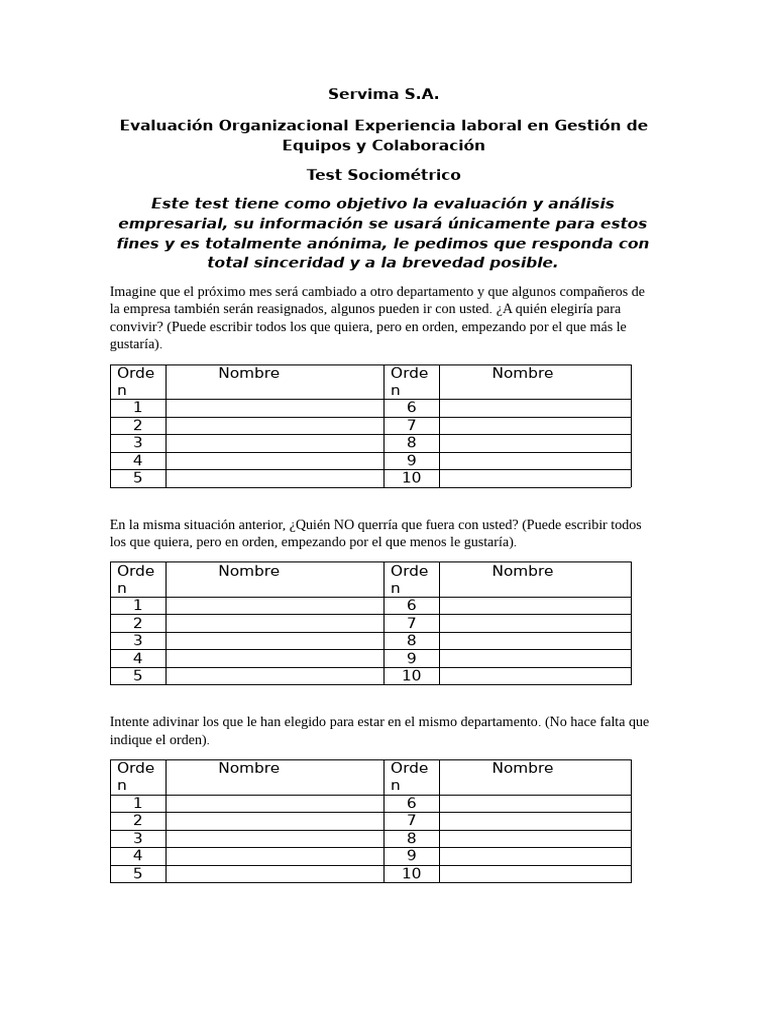 Test Sociométrico para Evaluación Laboral | PDF
