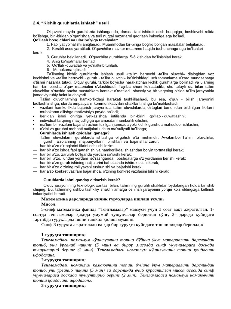 “Kichik guruhlarda ishlash” usuli | PDF