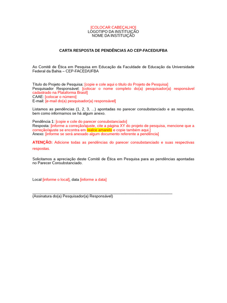 Carta Resposta de Pendencias Ao Cep-Faced Modelo-Padrao | PDF