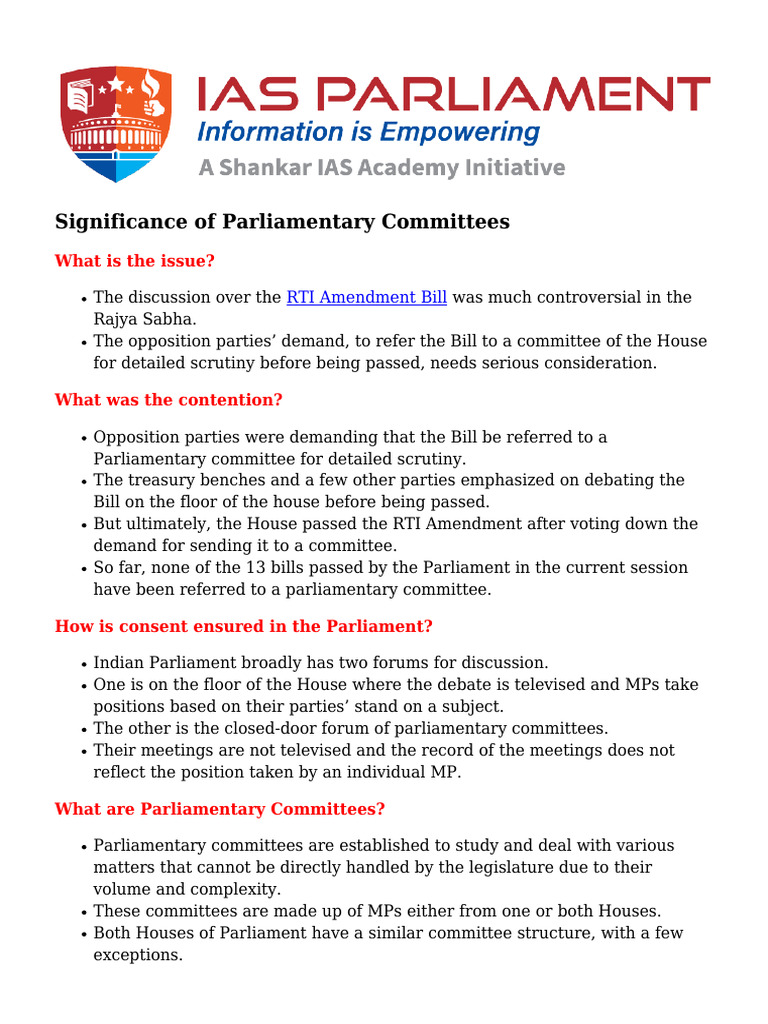 Importance of Parliamentary Committees | PDF | Bill (Law) | Committee