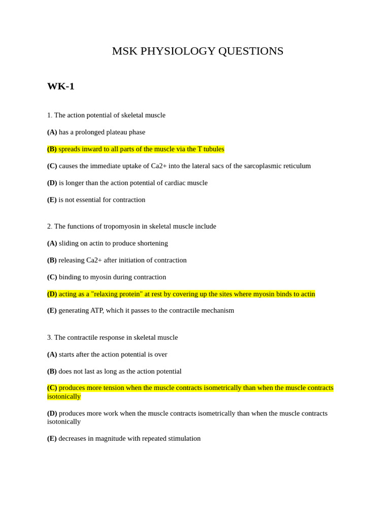 MSK PHYSIOLOGY QUESTIONS | PDF | Muscle Contraction | Skeletal Muscle